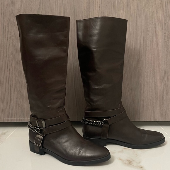 Zara | Shoes | Zara Dark Brown Tall Leather Chain Boots 4 | Poshmark